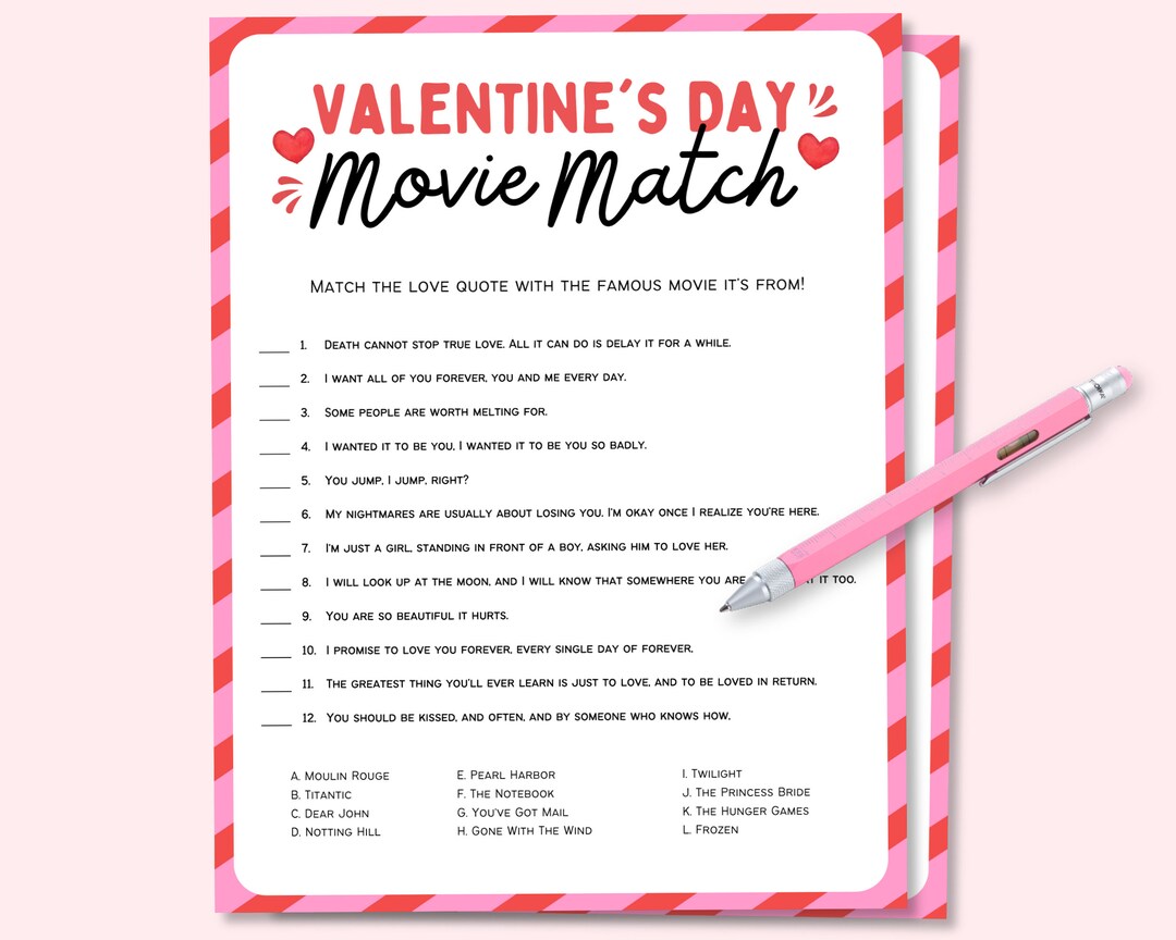 Valentines Day Movie Match Game, Galentines Day Party Game, Ladies ...