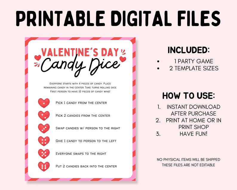 Valentines Day Candy Dice Game, Valentine Day Party Game, Valentines ...