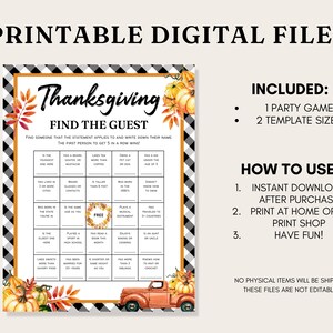Thanksgiving Bingo Game, Thanksgiving Find the Guest Bingo ...