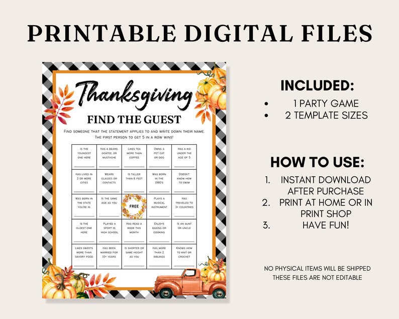 Thanksgiving Bingo Game, Thanksgiving Find the Guest Bingo ...