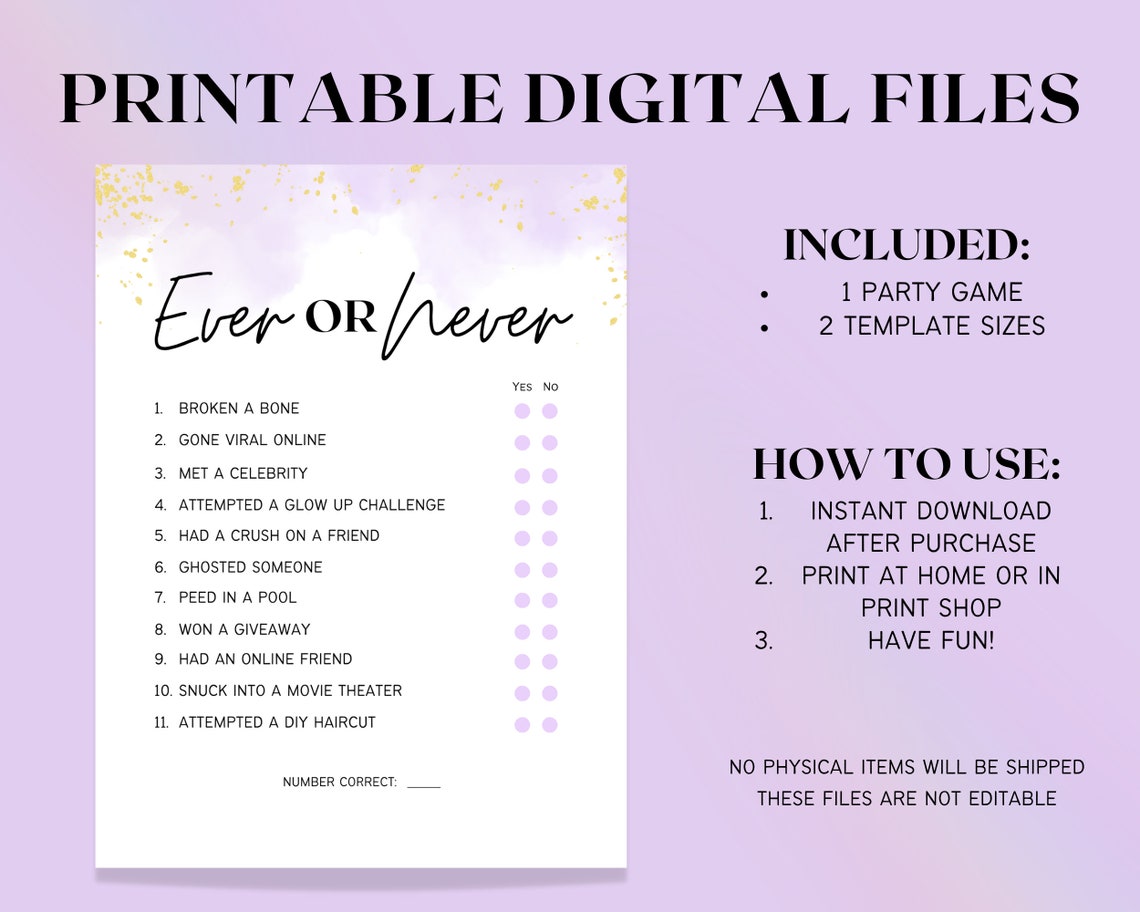 Ever or Never Purple Teen Girl Birthday Game Purple Birthday - Etsy