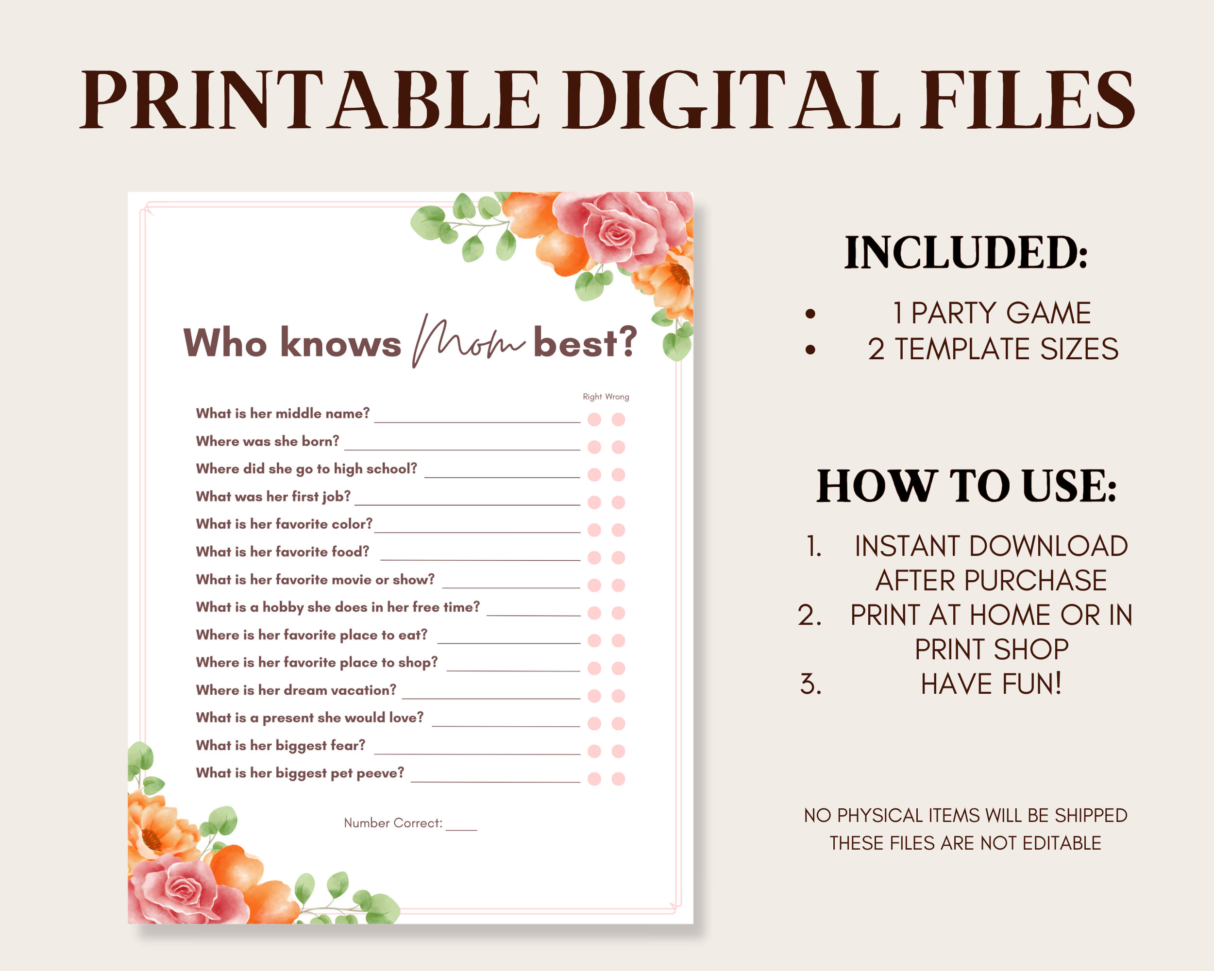 Who Knows Mom Best, Printable Mothers Day Game, Mothers Day Party Game ...