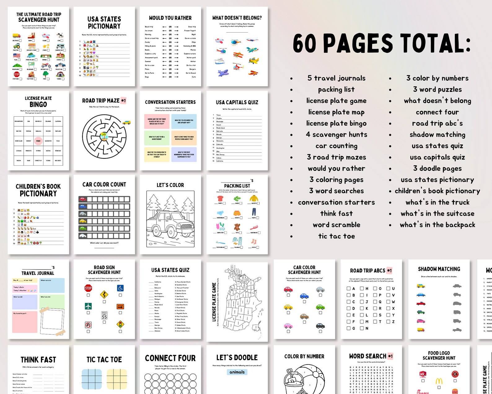 Road Trip Games Printable, Kids Road Trip Activity Book, Family Road ...