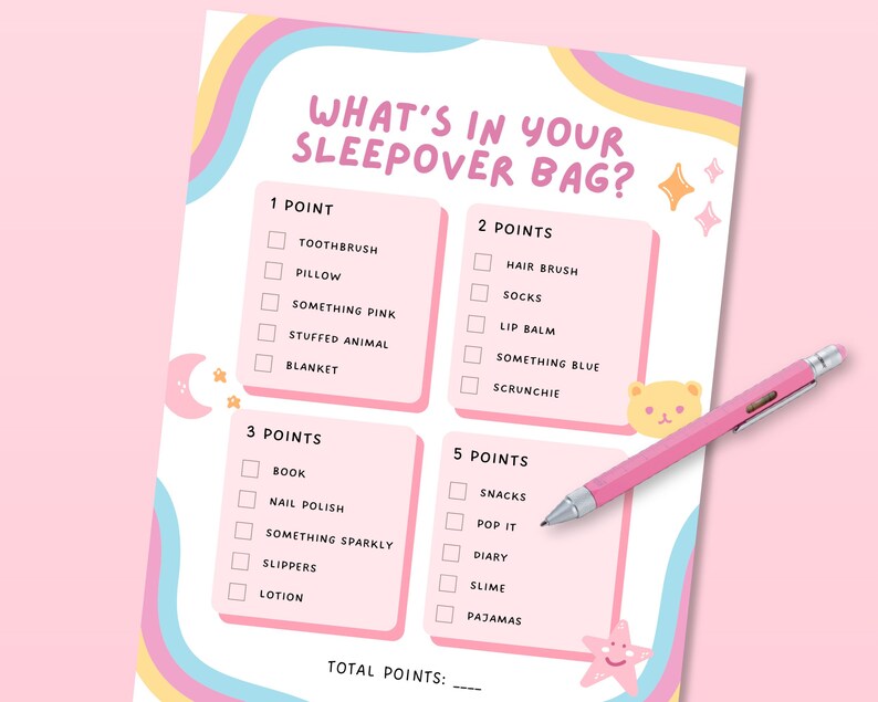 Whats in Your Sleepover Bag Slumber Party Games Teen/preteen - Etsy