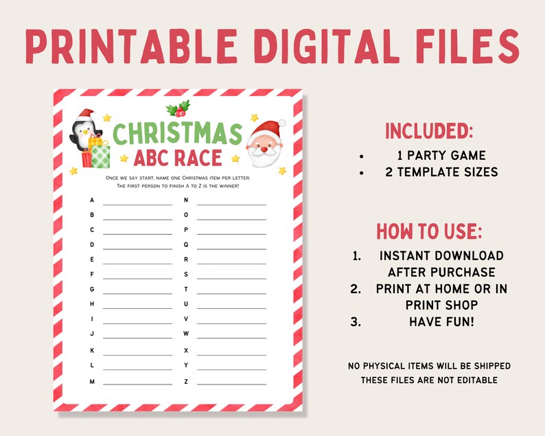 Christmas ABC Race Game, Christmas Party Game, Christmas A-Z Game, Xmas ...