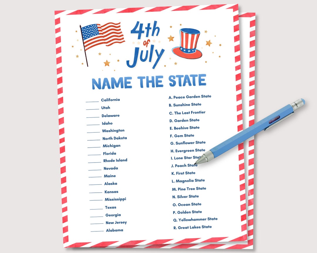 4th of July USA States Quiz, Printable July 4th Quiz for Kids, July 4th ...