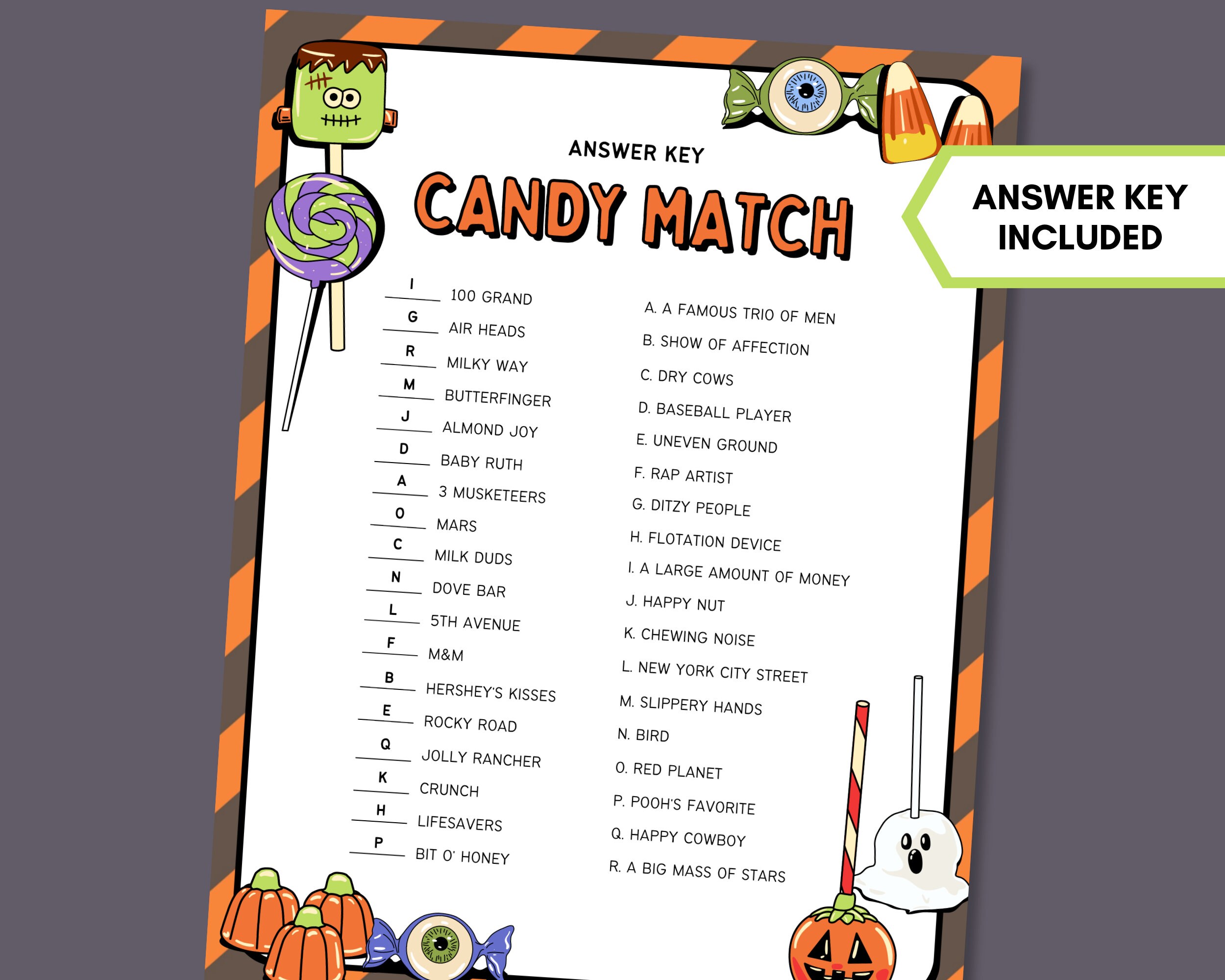 Halloween Candy Match Game, Halloween Trivia Quiz, Halloween Activity ...