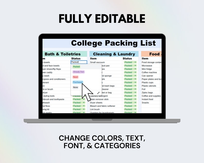Editable College Packing List, College Dorm Packing Checklist, College ...