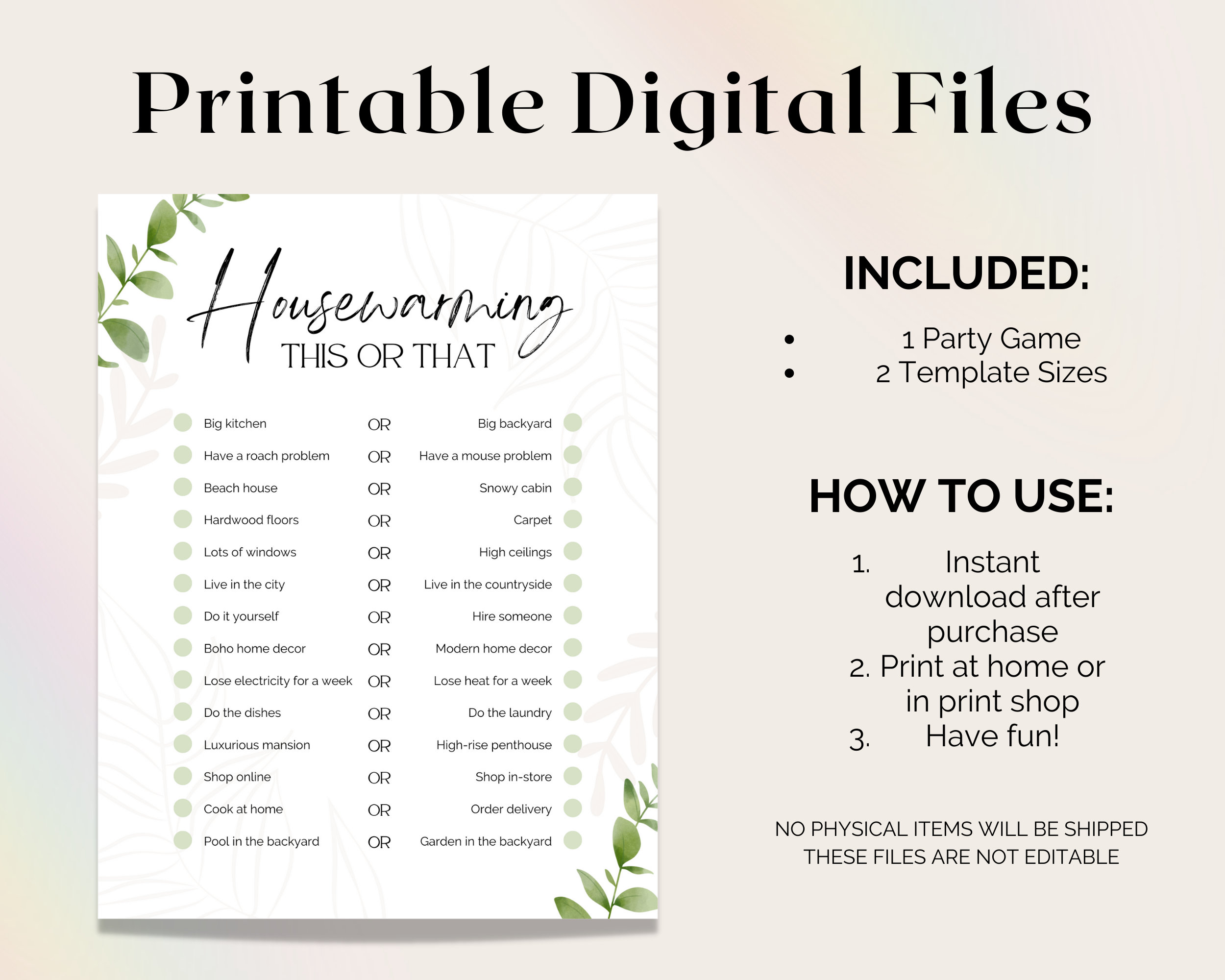 Housewarming This or That Game, Housewarming Game, Housewarming Party ...