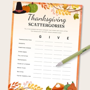 Thanksgiving Scattergories, Thanksgiving Party Game, Thanksgiving ...