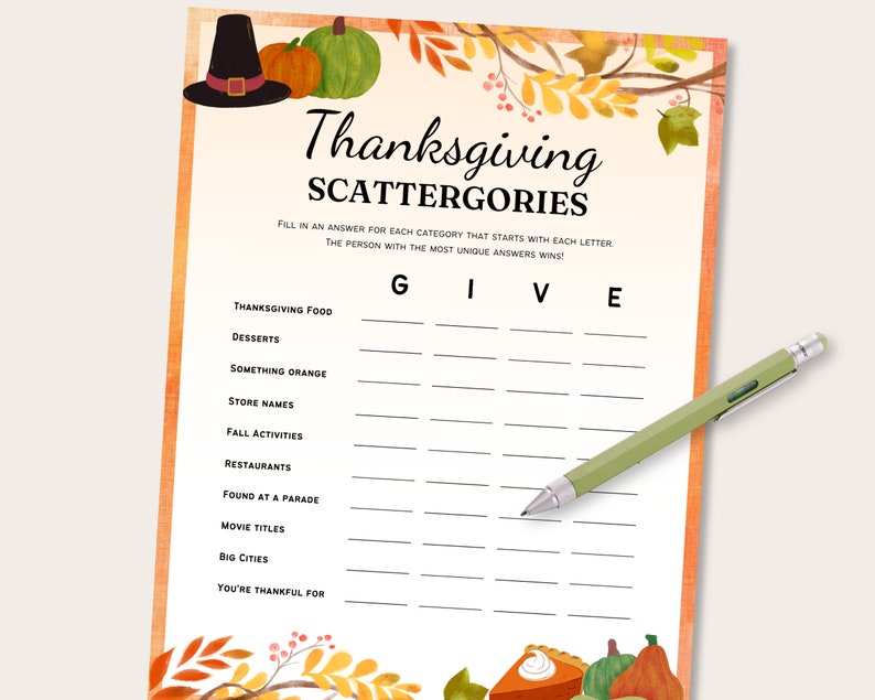 Thanksgiving Scattergories Thanksgiving Party Game - Etsy