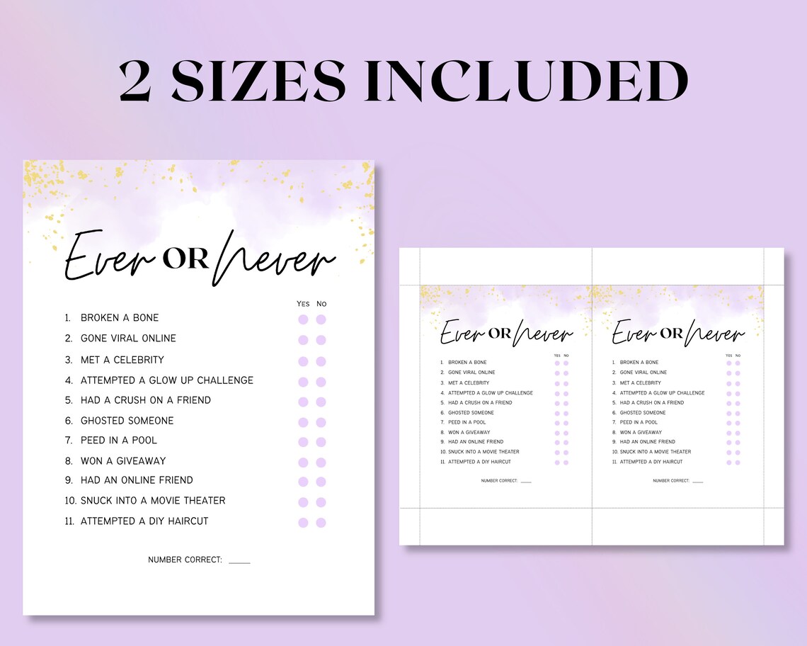 Ever or Never Purple Teen Girl Birthday Game Purple Birthday - Etsy