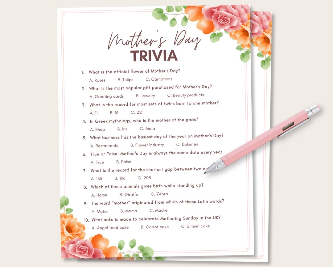 Mothers Day Trivia, Mothers Day Trivia Quiz, Mothers Day Printable Game ...