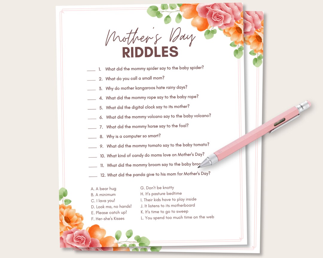Mothers Day Riddles, Printable Mothers Day Game, Games for Mom, Mothers ...