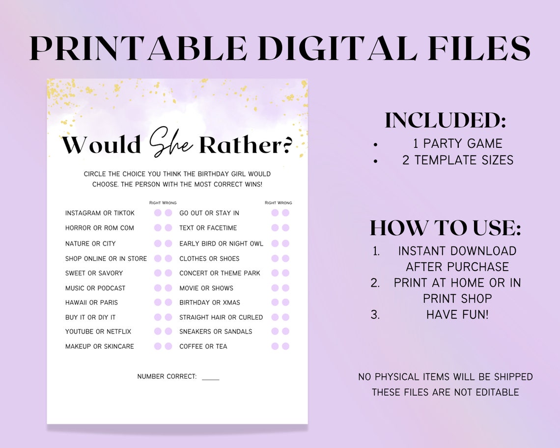 Would She Rather, Purple Teen Girl Birthday Game, Purple Birthday Games ...