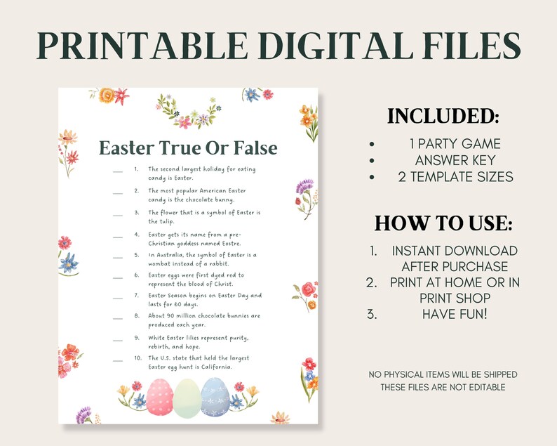 Easter True or False Easter Trivia Quiz Easter Activity for - Etsy