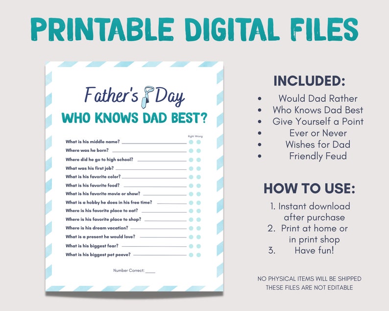 Fathers Day Game Bundle, Printable Fathers Day Game for Family, Fathers ...