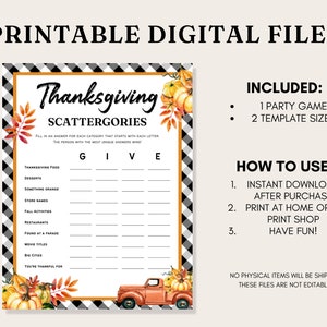Thanksgiving Scattergories Game, Printable Thanksgiving Game ...