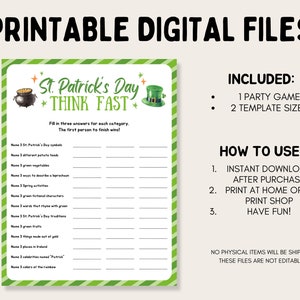 St Patrick's Day Think Fast Game, Printable St Patricks Day Party Game ...