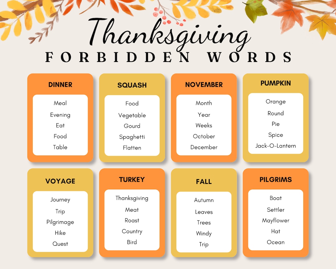 Thanksgiving Forbidden Words, Thanksgiving Taboo Game, Thanksgiving ...
