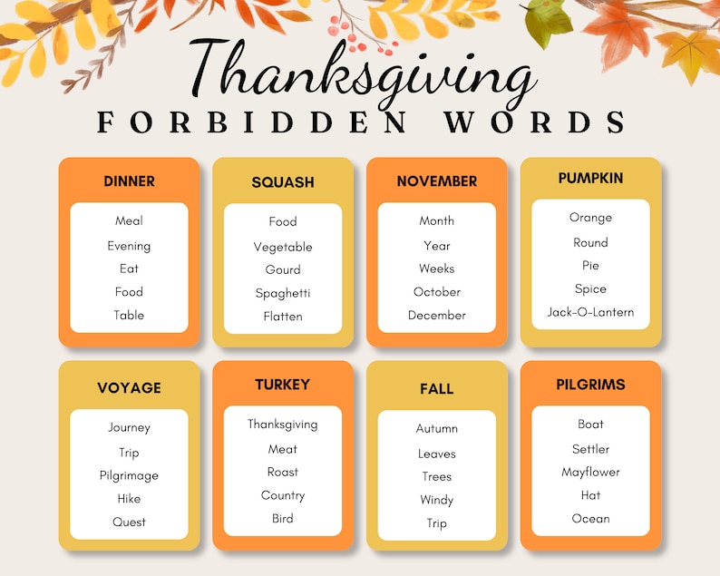 Thanksgiving Forbidden Words Thanksgiving Taboo Game - Etsy