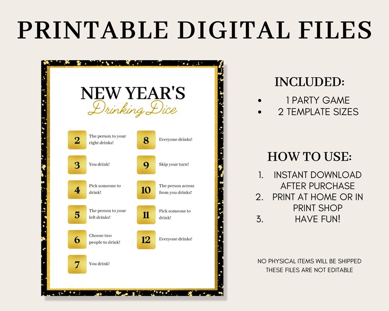 New Years Eve Dice Drinking Game New Years Eve Party Game for - Etsy