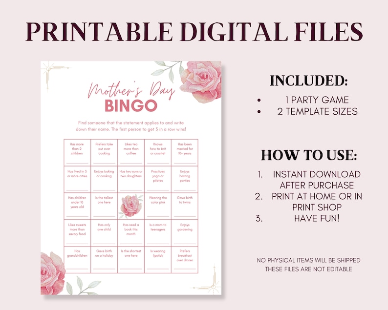 Mothers Day Bingo, Mothers Day Game, Printable Mother Day Game, Mother ...