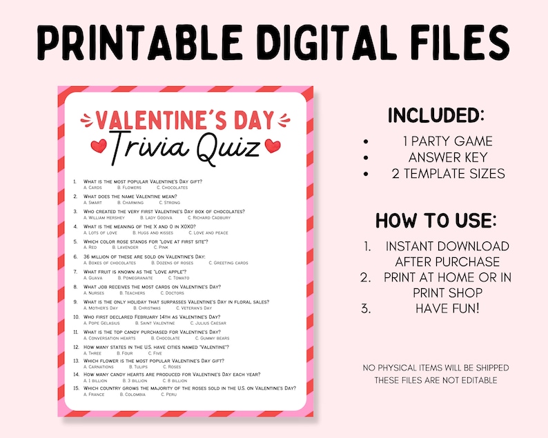 Valentines Day Trivia Game, Valentine Day Party Game for Kids ...