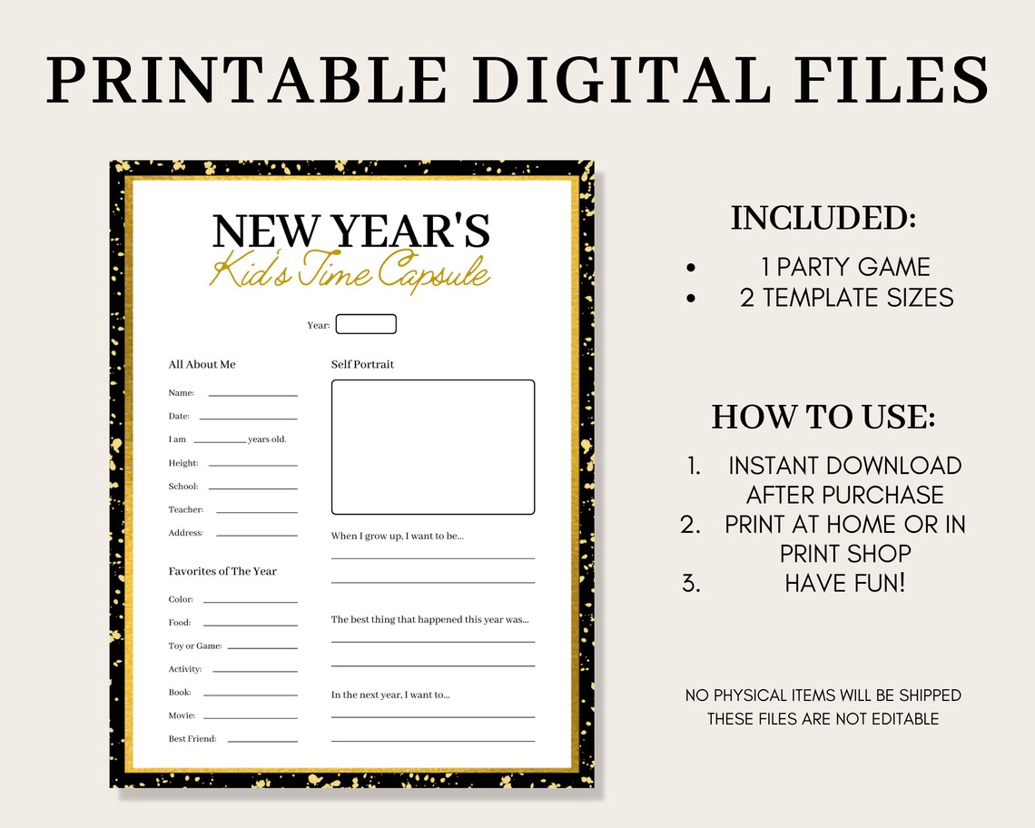 New Years Eve Kids Time Capsule Game, New Years Party Game, New Year ...