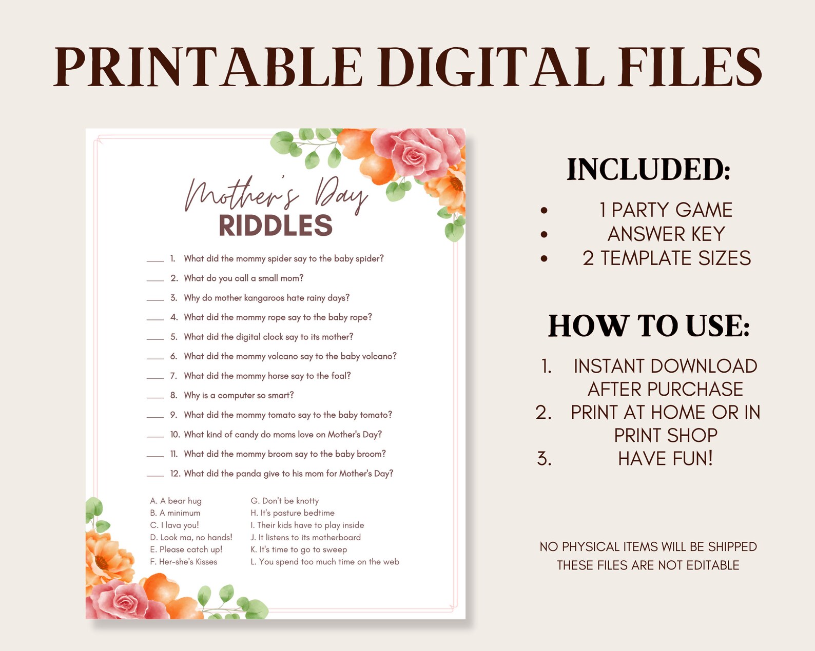 Mothers Day Riddles, Printable Mothers Day Game, Games for Mom, Mothers ...
