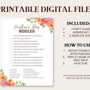 Mothers Day Riddles, Printable Mothers Day Game, Games for Mom, Mothers ...
