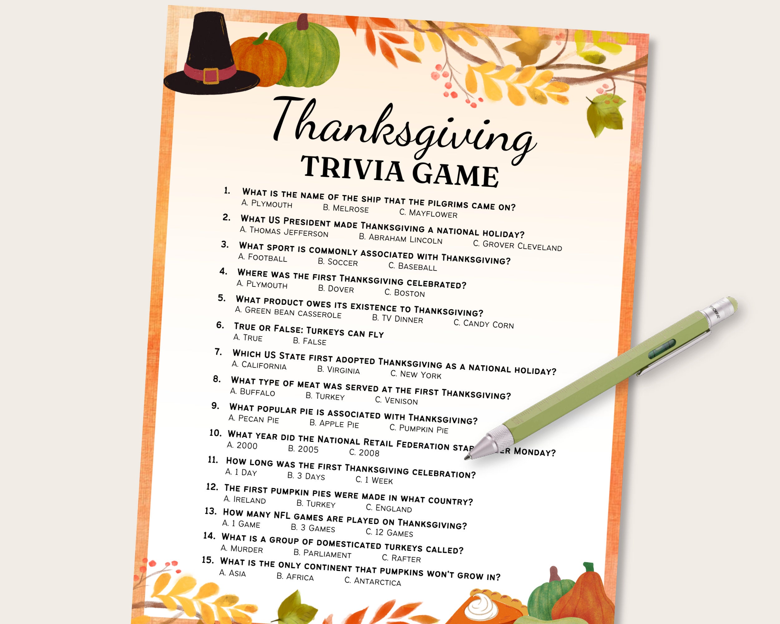Thanksgiving Trivia Game, Thanksgiving Trivia Quiz for Kids ...