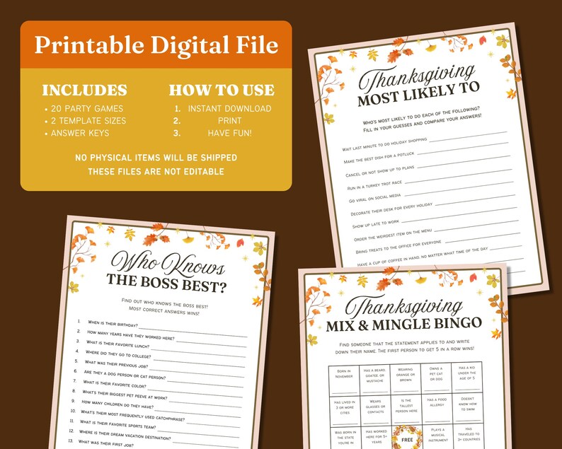 20 Thanksgiving Office Party Games Printable Bundle, Holiday Work Party ...
