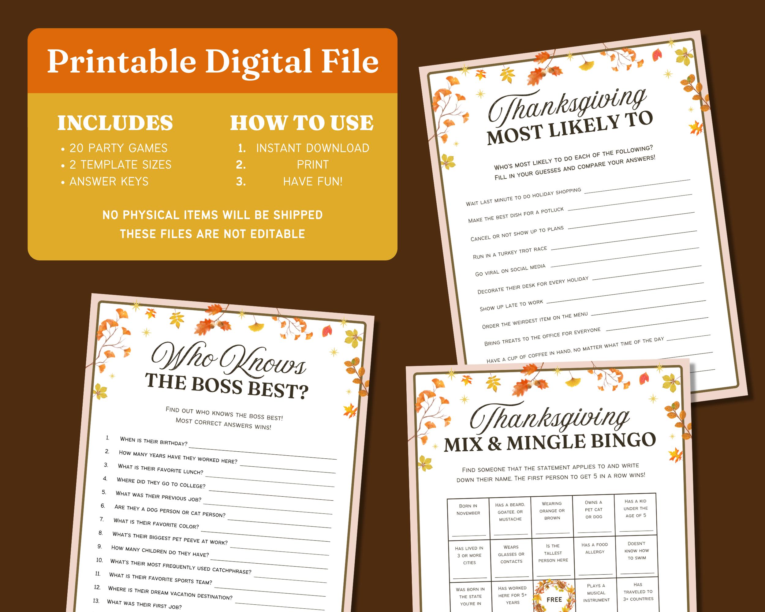 20 Thanksgiving Office Party Games Printable Bundle, Holiday Work Party ...