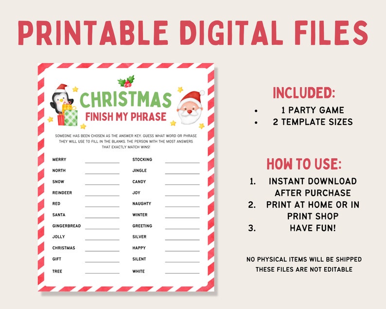 Christmas Finish My Phrase Game Christmas Party Game Finish - Etsy