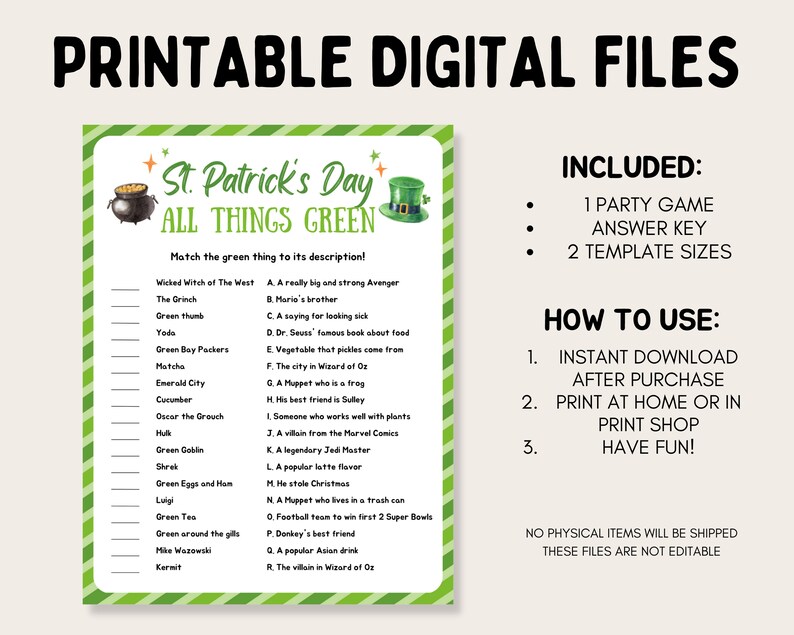 St Patrick's Day All Things Green Quiz Fun St Patricks - Etsy