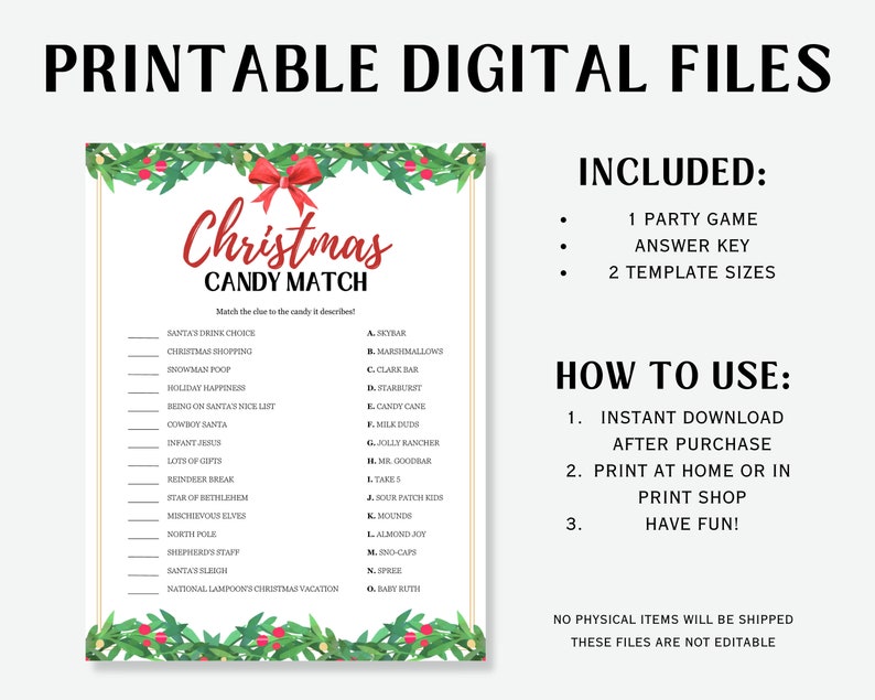 Christmas Candy Match Quiz, Printable Christmas Party Game, Christmas ...