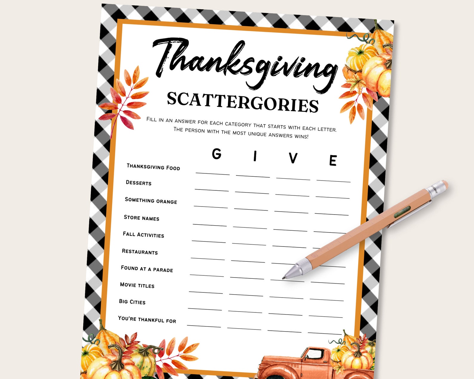 Thanksgiving Scattergories Game, Printable Thanksgiving Game ...
