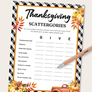 Thanksgiving Scattergories Game, Printable Thanksgiving Game ...