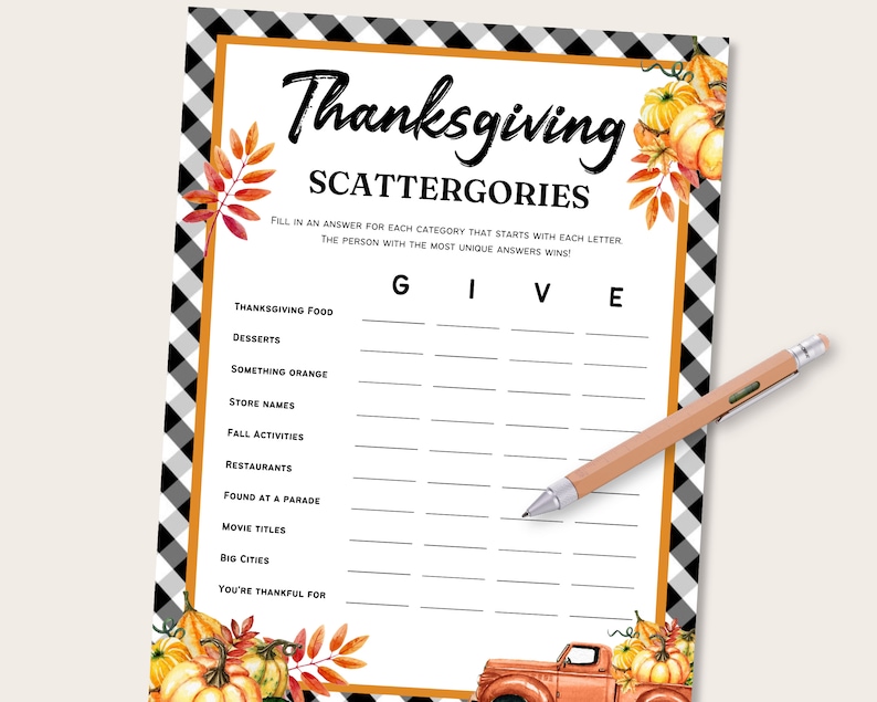 Thanksgiving Scattergories Game, Printable Thanksgiving Game ...