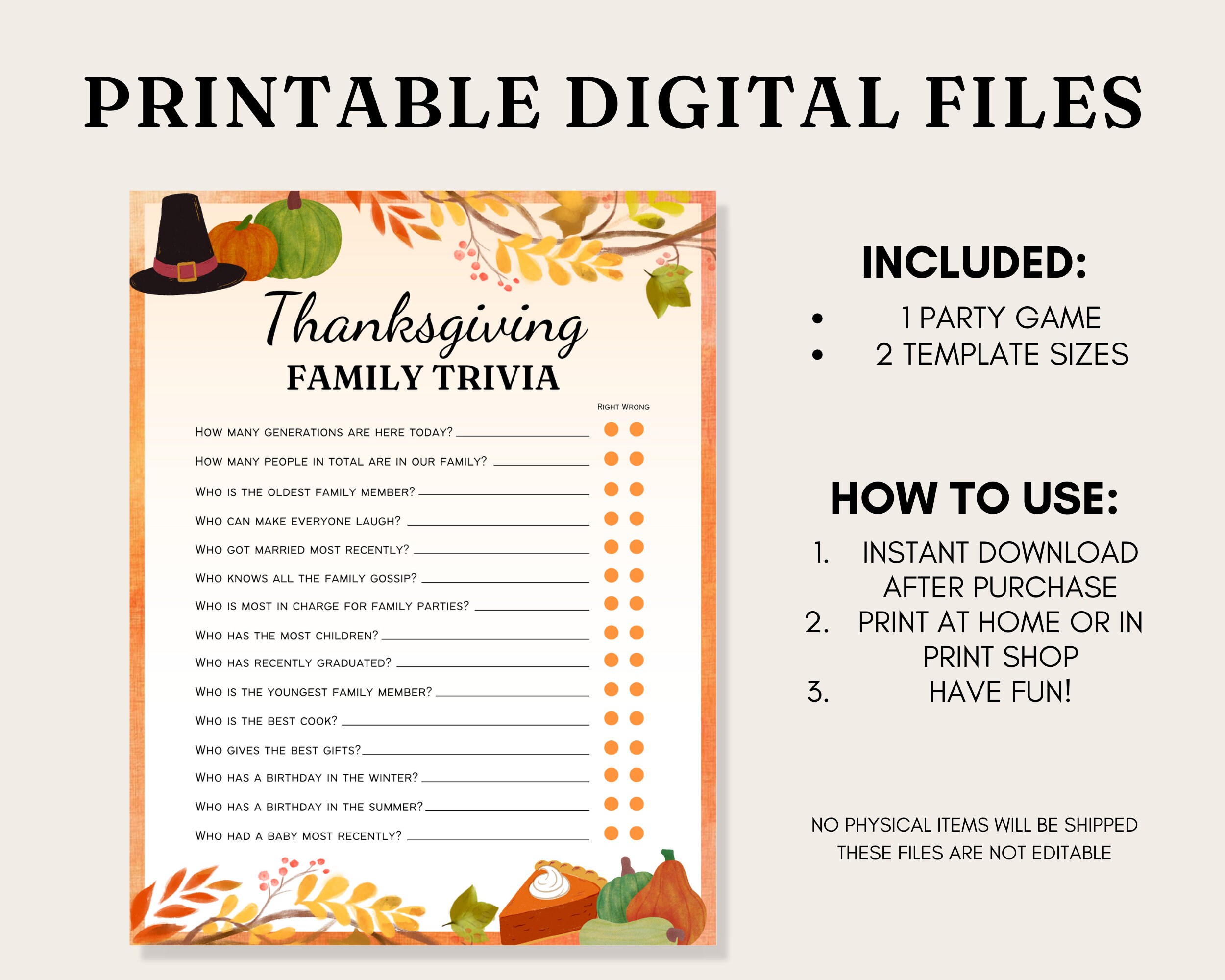 Thanksgiving Family Trivia Thanksgiving Family Quiz - Etsy
