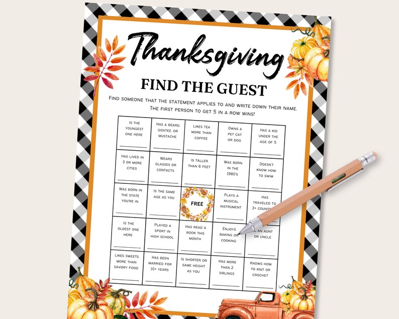Thanksgiving Bingo Game, Thanksgiving Find the Guest Bingo ...
