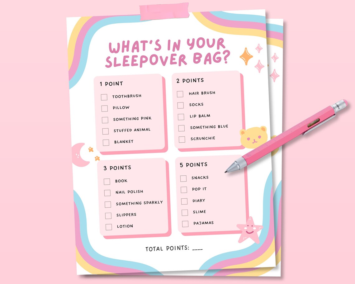 Whats in Your Sleepover Bag Slumber Party Games Teen/preteen - Etsy