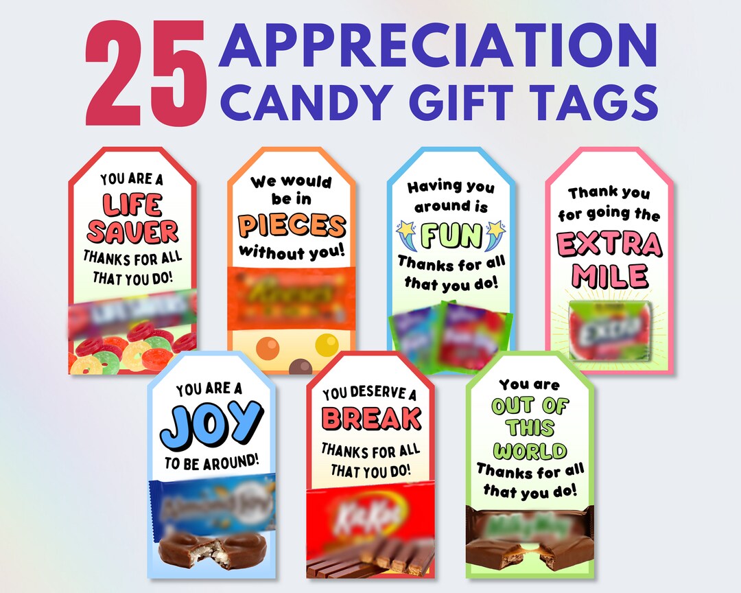 25 Appreciation Candy Bar Gift Tags, Printable Candy Thank You Gift ...