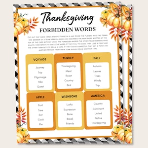 Thanksgiving Forbidden Words Game, Thanksgiving Party Game, Kids ...