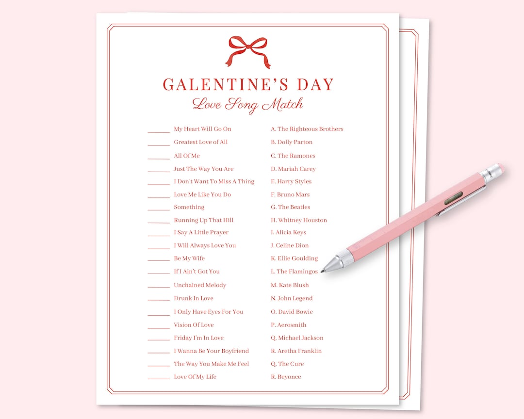 Valentines Day Love Songs Match Game, Valentines Day Party Game ...