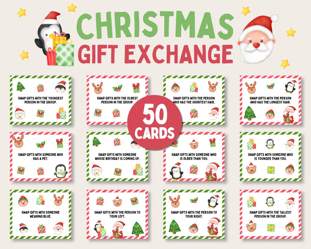 Christmas Gift Exchange Game, White Elephant Gift Exchange Cards ...