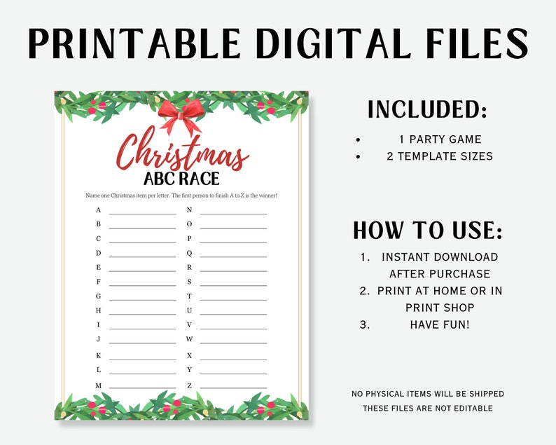 Christmas ABC Race Game, Printable Christmas Game, Holiday Party Game ...