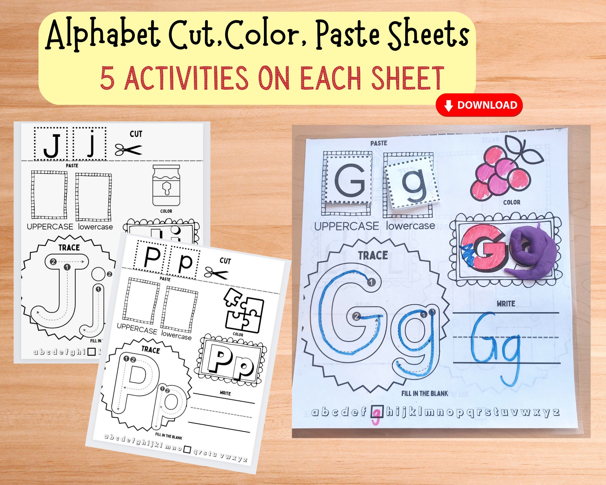 Alphabet Worksheets Cut, Paste, Match, and Playdough Mat. for Preschool ...