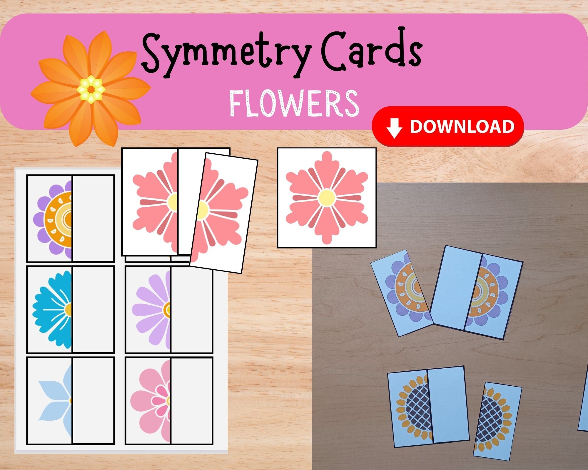 Flower Symmetry Matching Cards Printable for Toddler, Preschool, and ...